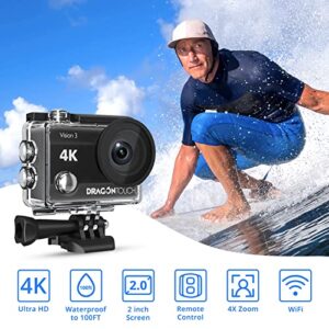 Dragon Touch 4K Action Camera 20MP Vision 3 Underwater Waterproof Camera 170° Wide Angle WiFi Sports Cam with Remote 2 Batteries and Mounting Accessories Kit