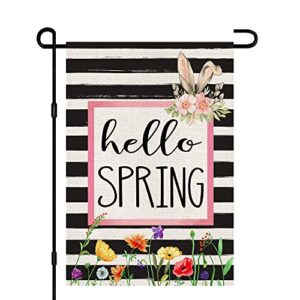 hello spring flower garden flag 12×18 inch double sided burlap outside, seasonal floral bunny sign yard farmhouse outdoor decor df231