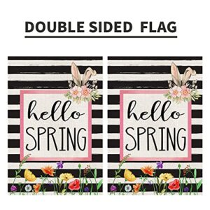 Hello Spring Flower Garden Flag 12x18 Inch Double Sided Burlap Outside, Seasonal Floral Bunny Sign Yard Farmhouse Outdoor Decor DF231