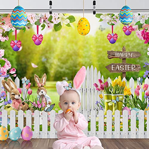 Easter Backdrop, Easter Bunny Photo Backdrops for Photography 7x5ft, Farmhouse Happy Easter Day Lily Tulips Back Drops Background for Pictures Spring Easter Party Decorations Banner Booth Props