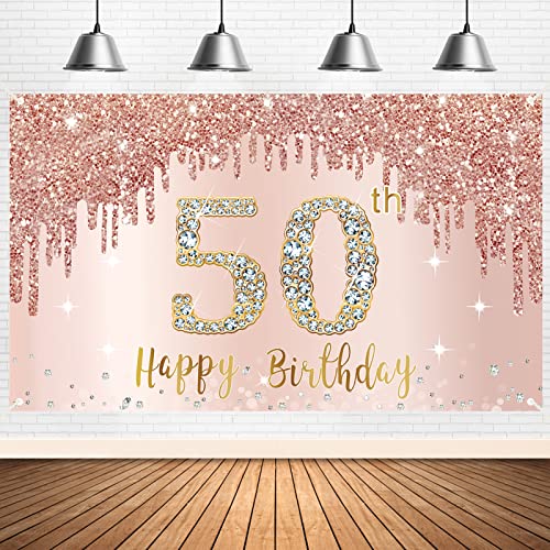 Happy 50th Birthday Banner Backdrop Decorations for Women, Rose Gold 50 Birthday Party Sign Supplies, Pink Fifty Birthday Poster Background Photo Booth Props Décor