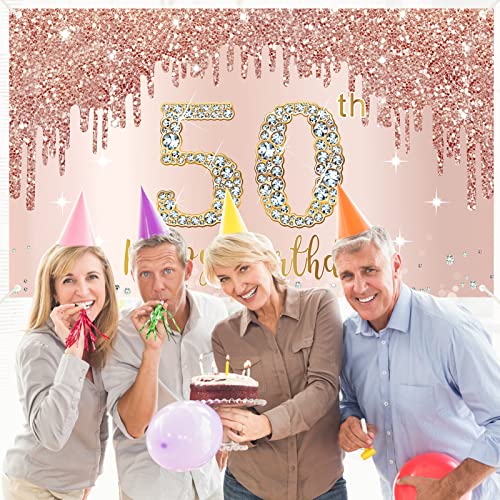 Happy 50th Birthday Banner Backdrop Decorations for Women, Rose Gold 50 Birthday Party Sign Supplies, Pink Fifty Birthday Poster Background Photo Booth Props Décor