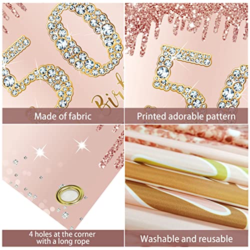 Happy 50th Birthday Banner Backdrop Decorations for Women, Rose Gold 50 Birthday Party Sign Supplies, Pink Fifty Birthday Poster Background Photo Booth Props Décor