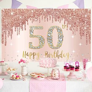 Happy 50th Birthday Banner Backdrop Decorations for Women, Rose Gold 50 Birthday Party Sign Supplies, Pink Fifty Birthday Poster Background Photo Booth Props Décor