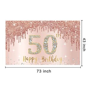 Happy 50th Birthday Banner Backdrop Decorations for Women, Rose Gold 50 Birthday Party Sign Supplies, Pink Fifty Birthday Poster Background Photo Booth Props Décor