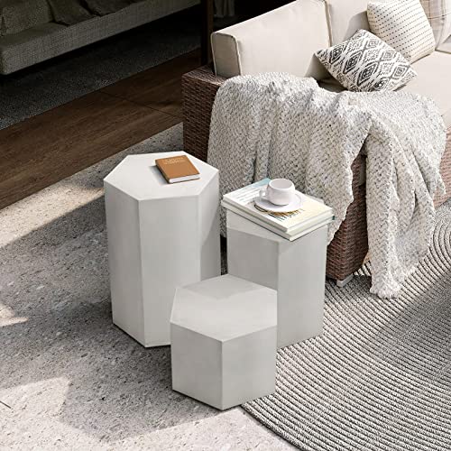 SUNBURY Indoor Outdoor 12" Hexagon Side Table, Concrete End Table Coffee Table, Morden Decor Side Table in Light Grey for Garden, Living Room, Bedroom