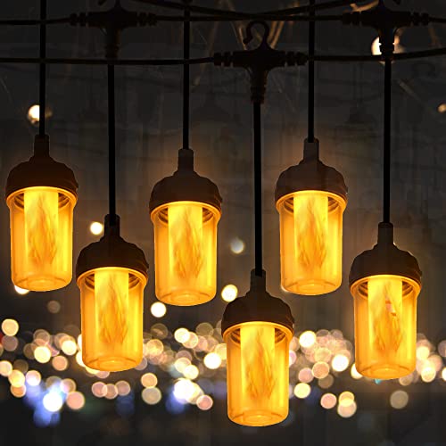 23 FT Solar Flickering Flame Outdoor String Lights 15 LED Waterproof Decorative Hanging Patio Backyard Garden Party Wedding Christmas Transparent (Warm White)