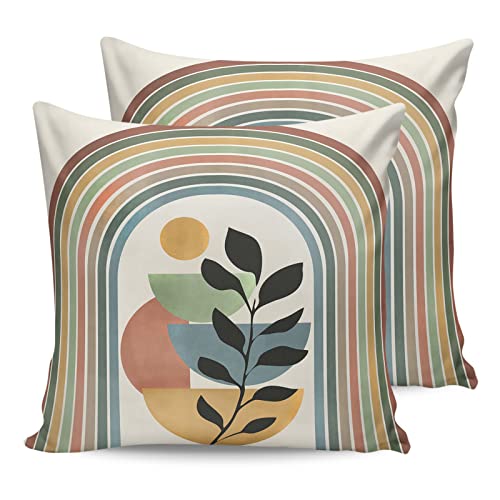 Outdoor Pillow Covers Waterproof, Boho Geometry Throw Pillowcase Decorative Cover, Rainbow Striped Middle Century Northern Europe Garden Cushion Case Set of 2 for Sofa, Couch, Tent, Patio 16"x16"