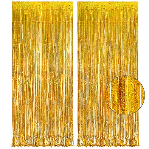 Gold Fringe Curtain Tinsel Backdrop - GREATRIL Foil Fringe Curtain Party Decor Streamers for Birthday Christmas New Year Graduation Theme Party Decorations Pack of 2