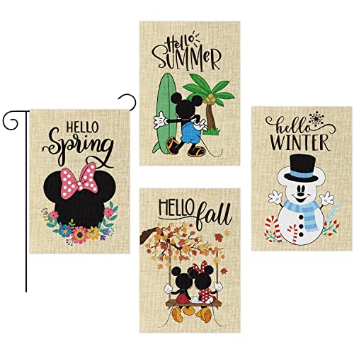 D1resion 4Pcs Seasonal Garden Flag Set Hello Spring Summer Fall Winter Cartoon Mouse Burlap Yard Flags Double Sided Print Vertical House Flag Autumn Decorations for Home Outdoor Lawn 12.4 X 18.1 In