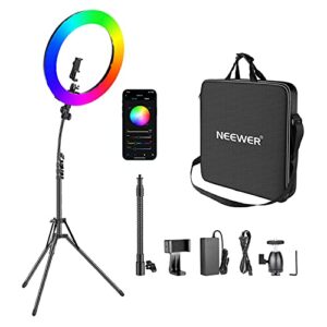 neewer 18-inch rgb ring light with app control, dimmable bi-color 3200k-5600k cri 97+ led ring light with stand, 0-360 full color, 9 scenes effect for selfie/makeup/party/vlog/youtube/photography