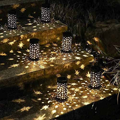 6 Pack Solar Light Outdoor Garden Patio Pathway Landscape Lights Yard Driveway Lawn Walkway Decoration Star Moon Solar Lantern Waterproof Outside Path Hanging Sidewalk Courtyard Black