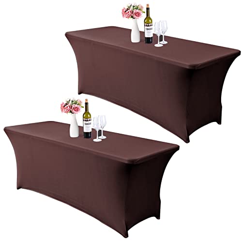 Cvzavbd 2Pack 6FT Spandex Table Cover Fitted Rectangular Tablecloth Stretchable Fabric Patio Furniture Covers 6 ft Wrinkle-Free for Party Dj Tradeshows Banquet Weddings Cocktail (Coffee)