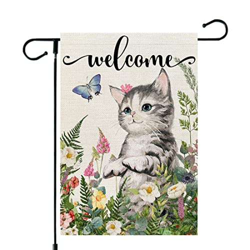 CROWNED BEAUTY Spring Cat Garden Flag Floral 12x18 Inch Double Sided for Outside Welcome Burlap Small Yard Holiday Decoration CF754-12