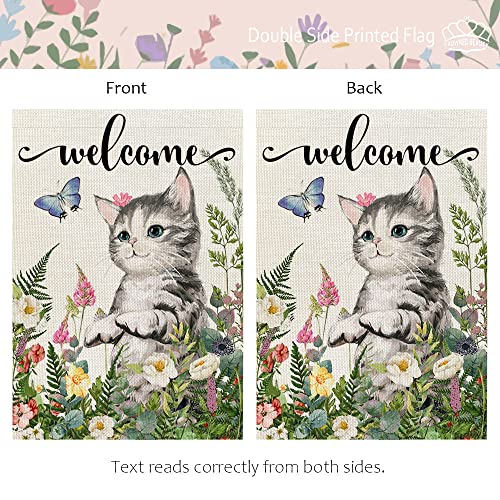 CROWNED BEAUTY Spring Cat Garden Flag Floral 12x18 Inch Double Sided for Outside Welcome Burlap Small Yard Holiday Decoration CF754-12