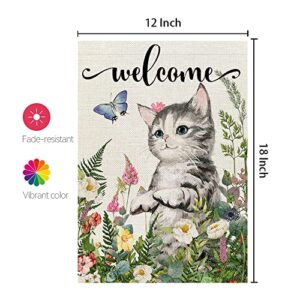 CROWNED BEAUTY Spring Cat Garden Flag Floral 12x18 Inch Double Sided for Outside Welcome Burlap Small Yard Holiday Decoration CF754-12