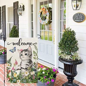 CROWNED BEAUTY Spring Cat Garden Flag Floral 12x18 Inch Double Sided for Outside Welcome Burlap Small Yard Holiday Decoration CF754-12