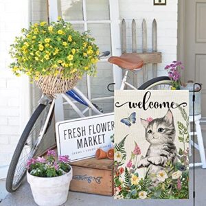 CROWNED BEAUTY Spring Cat Garden Flag Floral 12x18 Inch Double Sided for Outside Welcome Burlap Small Yard Holiday Decoration CF754-12