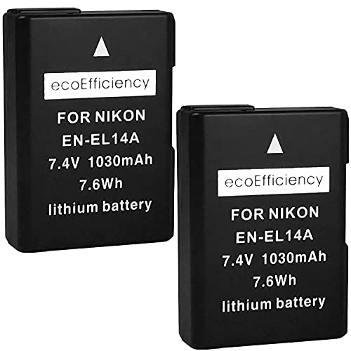 ecoEfficiency 2-Pack of EN-EL14, EN-EL14A Batteries for Nikon D3500, D3100, D3200, D3300, D3400, D5100, D5200, D5300, D5500, D5600, DF, Coolpix P7000, P7100, P7700, P7800 DSLR Cameras