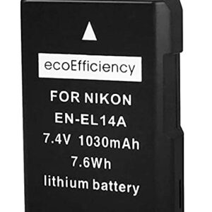 ecoEfficiency 2-Pack of EN-EL14, EN-EL14A Batteries for Nikon D3500, D3100, D3200, D3300, D3400, D5100, D5200, D5300, D5500, D5600, DF, Coolpix P7000, P7100, P7700, P7800 DSLR Cameras