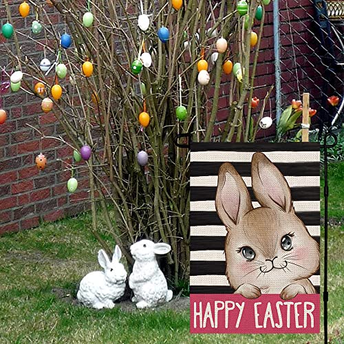 Happy Easter Bunny Stripes Garden Flag Burlap Rabbit Spring Summer Rustic Farmhouse Yard Outdoor Decoration 12 x 18 Inch DF023