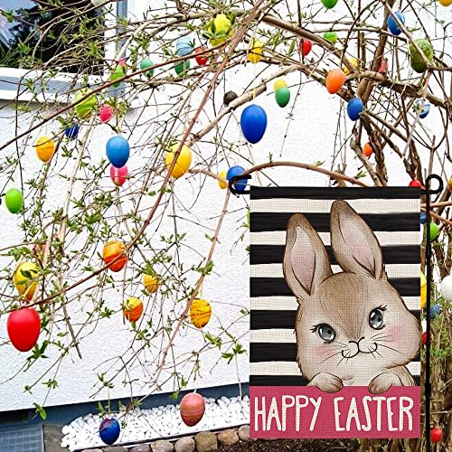 Happy Easter Bunny Stripes Garden Flag Burlap Rabbit Spring Summer Rustic Farmhouse Yard Outdoor Decoration 12 x 18 Inch DF023