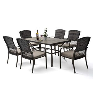 pamapic 7 piece patio dining set, outdoor dining table set, patio wicker furniture set for backyard garden deck poolside/iron slats table top, removable cushions(beige)