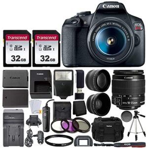 canon eos rebel t7 digital slr camera with ef-s 18-55mm f/3.5-5.6 is stm lens + 64gb memory card + wide angle and telephoto lens + tripod + extra battery + remote + slave flash (renewed)