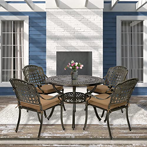 ONLYEAH 5 Pieces Outdoor Furniture Dining Set, All-Weather Cast Aluminum Round Patio Table with Umbrella Hole and 4 Cushioned Dining Chairs for Patio Garden Deck, Retro Pattern Design