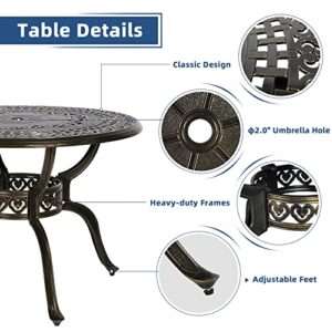 ONLYEAH 5 Pieces Outdoor Furniture Dining Set, All-Weather Cast Aluminum Round Patio Table with Umbrella Hole and 4 Cushioned Dining Chairs for Patio Garden Deck, Retro Pattern Design