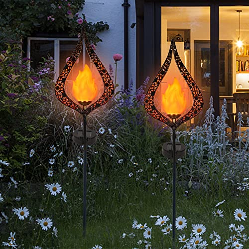 Glintoper 2 Pack Solar Garden Stake Lights Outdoor, Solar Powered Flickering Flame Lights, Dancing Flames LED Landscape Lighting, Halloween Christmas Decorative Torch Art for Yard Walkway Pathway Lawn