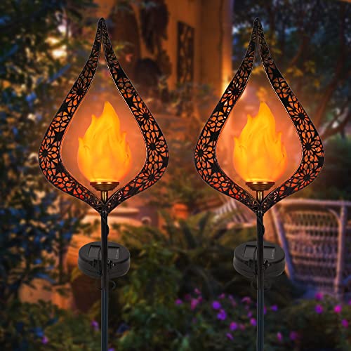 Glintoper 2 Pack Solar Garden Stake Lights Outdoor, Solar Powered Flickering Flame Lights, Dancing Flames LED Landscape Lighting, Halloween Christmas Decorative Torch Art for Yard Walkway Pathway Lawn