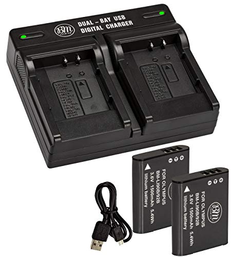 BM Premium 2 LI-90B, LI-92B Batteries and Dual Battery Charger for Olympus Tough TG-6, TG-5, TG-Tracker, Tough SH-1, SH-2, SP100 IHS, Tough TG-1 iHS, TG-2 iHS, TG-3, TG-4, SH-50, SH-60, XZ-2 iHS