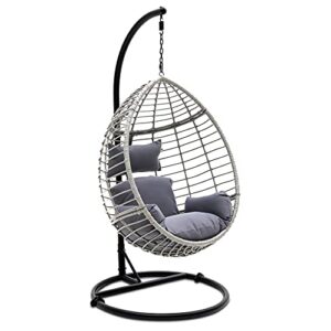 serenelife hanging egg chair with stand – indoor outdoor patio wicker rattan lounge chair with stand, steel frame, uv resistant washable cushions for garden backyard deck sunroom slgz0egg (gray)