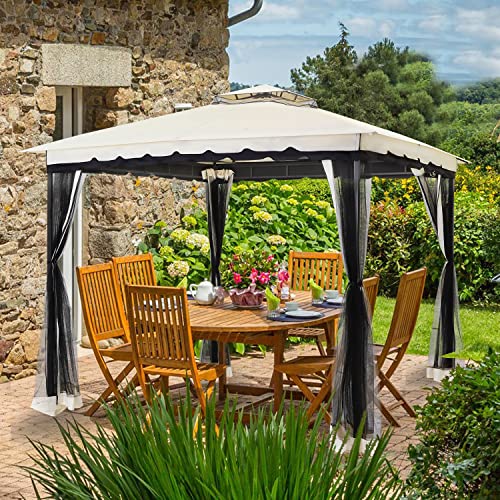 10x13 Gazebo with Mosquito Netting and Sand Bag, Aluminum Pole Outdoor Gazebo with Polyester Top, Fireproof Enclosure & Waterproof Screen Patio Tent, Garden Pavilion for Backyard, Lawn (Cream)