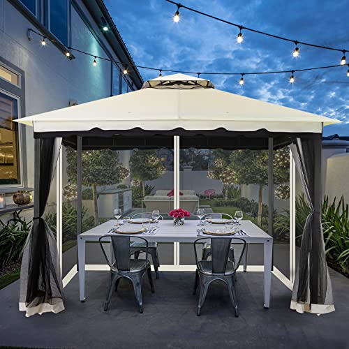 10x13 Gazebo with Mosquito Netting and Sand Bag, Aluminum Pole Outdoor Gazebo with Polyester Top, Fireproof Enclosure & Waterproof Screen Patio Tent, Garden Pavilion for Backyard, Lawn (Cream)