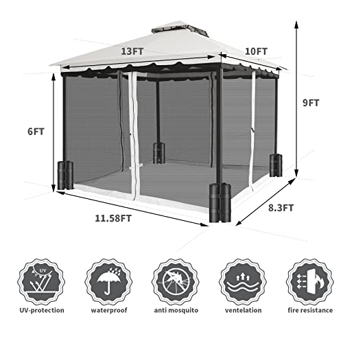 10x13 Gazebo with Mosquito Netting and Sand Bag, Aluminum Pole Outdoor Gazebo with Polyester Top, Fireproof Enclosure & Waterproof Screen Patio Tent, Garden Pavilion for Backyard, Lawn (Cream)