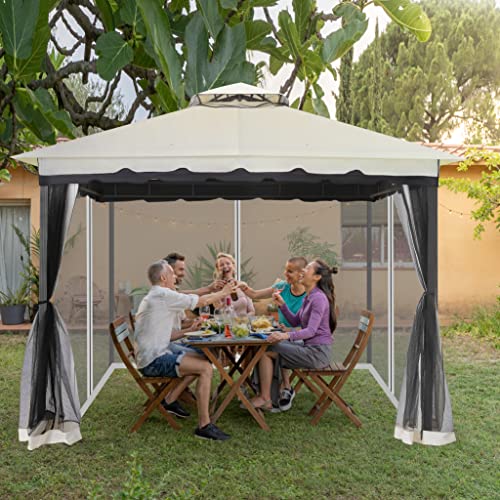 10x13 Gazebo with Mosquito Netting and Sand Bag, Aluminum Pole Outdoor Gazebo with Polyester Top, Fireproof Enclosure & Waterproof Screen Patio Tent, Garden Pavilion for Backyard, Lawn (Cream)