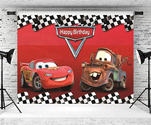 Cars Backdrop for Birthday Party Car Race Party Decoration Backgrounds Black Checkered Photo Photography Supplies 7X 5FT