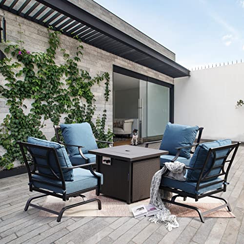 Grand patio 5 Pieces Patio Furniture Set with 30 Inch 50,000 BTU Steel Square Propane Fire Pit Table,4 Rocking Metal Patio Chairs with Peacock Blue Cushions