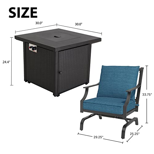 Grand patio 5 Pieces Patio Furniture Set with 30 Inch 50,000 BTU Steel Square Propane Fire Pit Table,4 Rocking Metal Patio Chairs with Peacock Blue Cushions