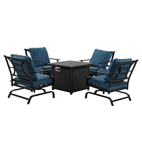 Grand patio 5 Pieces Patio Furniture Set with 30 Inch 50,000 BTU Steel Square Propane Fire Pit Table,4 Rocking Metal Patio Chairs with Peacock Blue Cushions