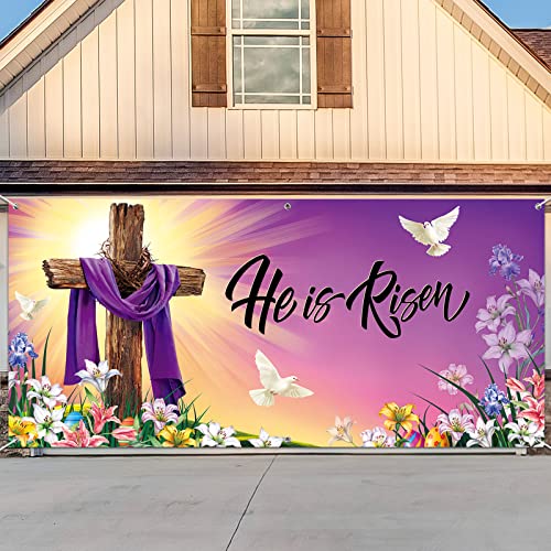 Outdoor Easter Garage Door Banner Cover He is Risen Backdrop Easter Decorations Extra Large Jesus Cross Religious Banner Background for Spring Home Outdoor Indoor Easter Party Supplies 6.1 x 13 ft