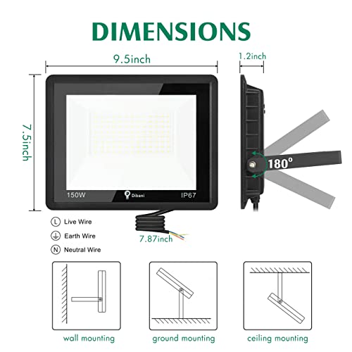 EVCUHASL 2 Pack 150W LED Flood Light Outdoor, 12000lm Super Bright LED Work Lights, Upgraded IP67 Waterproof Security Lights, 5000K White Spot Daylight Outside for Yard, Garage, Barn, Garden