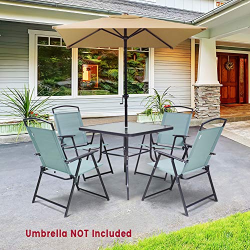 Crestlive Products 5 Piece Patio Dining Set with 4 Folding Chairs and Table Outdoor Dining Furniture with Square Glass Tabletop, Umbrella Hole for Bistro, Garden, Backyard, Deck(Green)