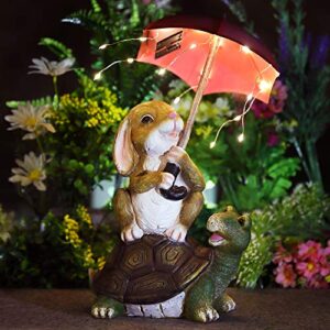 gigalumi solar garden statue outdoor decor, rabbit siting on turtle holding an umbrella with string lights, easter bunny statue for patio, lawn, yard art decoration, housewarming garden gift