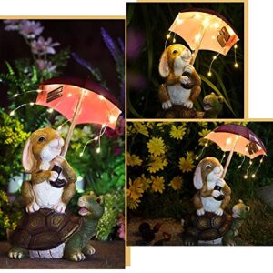 GIGALUMI Solar Garden Statue Outdoor Decor, Rabbit Siting on Turtle Holding an Umbrella with String Lights, Easter Bunny Statue for Patio, Lawn, Yard Art Decoration, Housewarming Garden Gift