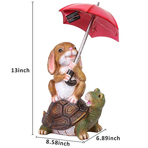 GIGALUMI Solar Garden Statue Outdoor Decor, Rabbit Siting on Turtle Holding an Umbrella with String Lights, Easter Bunny Statue for Patio, Lawn, Yard Art Decoration, Housewarming Garden Gift