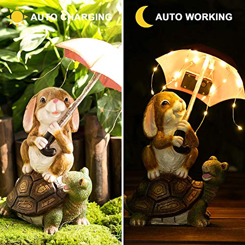 GIGALUMI Solar Garden Statue Outdoor Decor, Rabbit Siting on Turtle Holding an Umbrella with String Lights, Easter Bunny Statue for Patio, Lawn, Yard Art Decoration, Housewarming Garden Gift