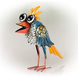 alpine corporation jum450hh alpine 11″ tall metal wide-eyed bird standing yard statue decoration, multicolor outdoor décor